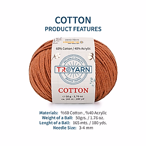 Troyarn Cotton 60% Cotton 40% Acrylic Yarn, Soft, Fine/Sport (2) for Crochet and Knitting 1.76 Oz (50g) / 180 Yds (165m) (10310 - Ecru)