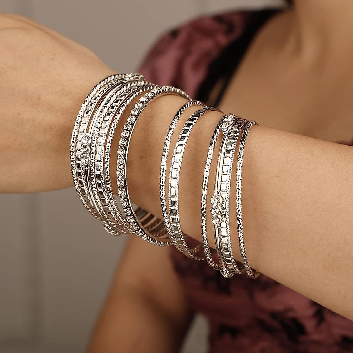 Rumtock 13pcs Boho Silver Bracelet Set for Women Girls Crystal Beads Stackable Bangle Hand Chain Punk Jewelry for Party