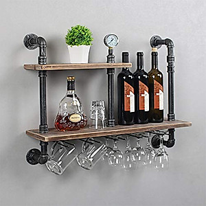 Industrial Wall Mounted Wine Rack,2 Tier Stemware Rack,Wine Bottle Stemware Glass Rack,Mugs Racks,Bottle & Glass Holder,Wine Storage Display Racks,Home & Kitchen Décor(28inch)