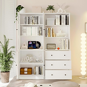 TUSY 71" Bookshelf Bookcase, 3-Tier Modern Bookshelves 3 Large Drawer, Wood Filing Cabinet with Open Storage Shelf, Glass Doors 5-Tier Fixed Storage Shelves for Home Office