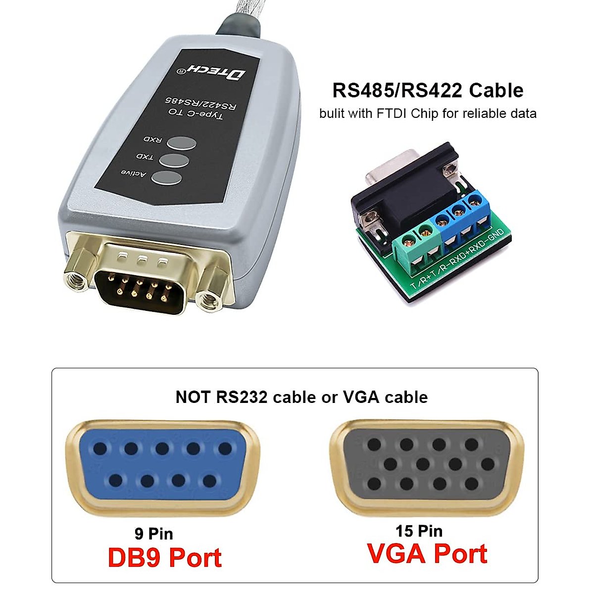 DTECH FTDI USB to RS485 Cable RS422 USB C to Serial Adapter with Breakout Board LED Indicators RS-485 RS-422 Cable Converter Supports Windows 11 10 8 7 XP Mac (3 Feet)