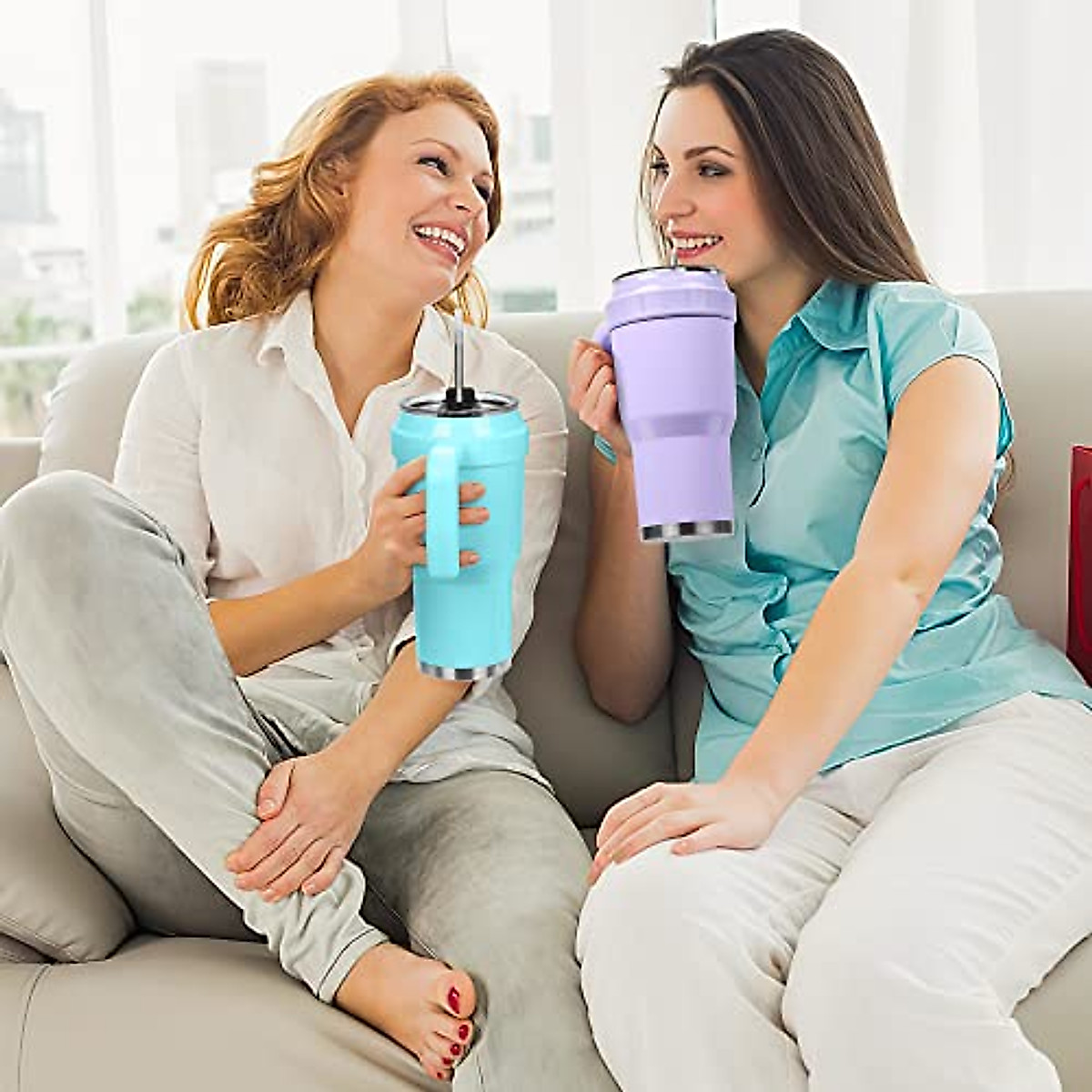 BesWin 40 oz Tumbler with Handle and Straw, Stainless Steel Vacuum Insulated Tumbler with Straw Lid - Travel Coffee Mug Iced Coffee Cup - Keeps Cold for 36 Hours, Leakproof - 40 oz, Pale Pink