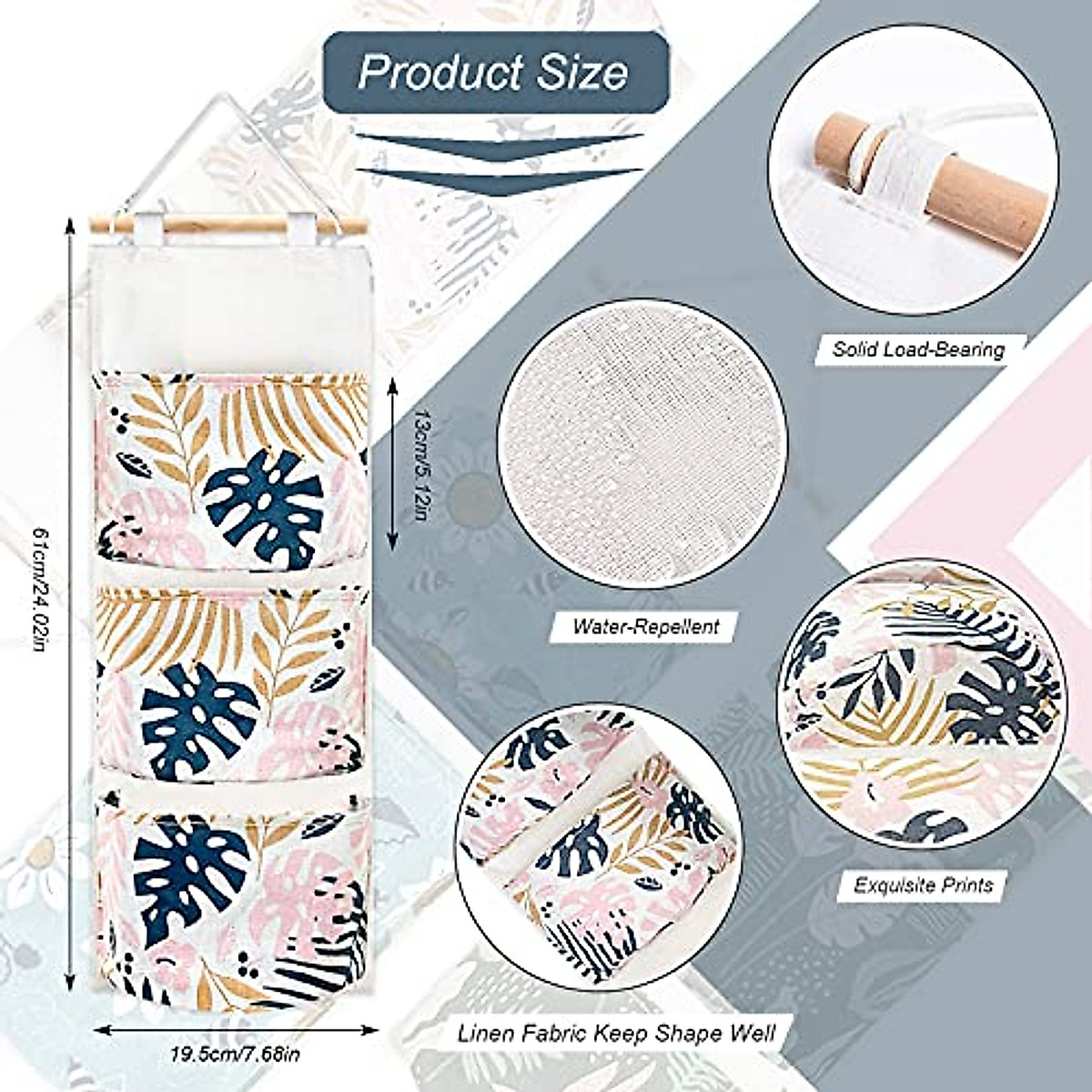 DILIBRA 3 Pack Wall Hanging Storage Bag, Tropical Over the Door Closet Hanging Organizer with 3 Pockets, Waterproof Linen Fabric Hanging Pocket for Dorm Living Room Home Decor(Banana+Leaf+Flower)