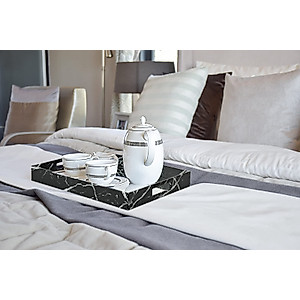 Vixdonos Decorative Serving Tray Marble Black Leather Tray Mirror Ottoman Tray with Handles for Coffee,Candle Holders,16.2'' X 12.2" X 2''