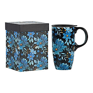 Topadorn Coffee Ceramic Mug Porcelain Latte Tea Cup With Lid 17oz., Blue Flower