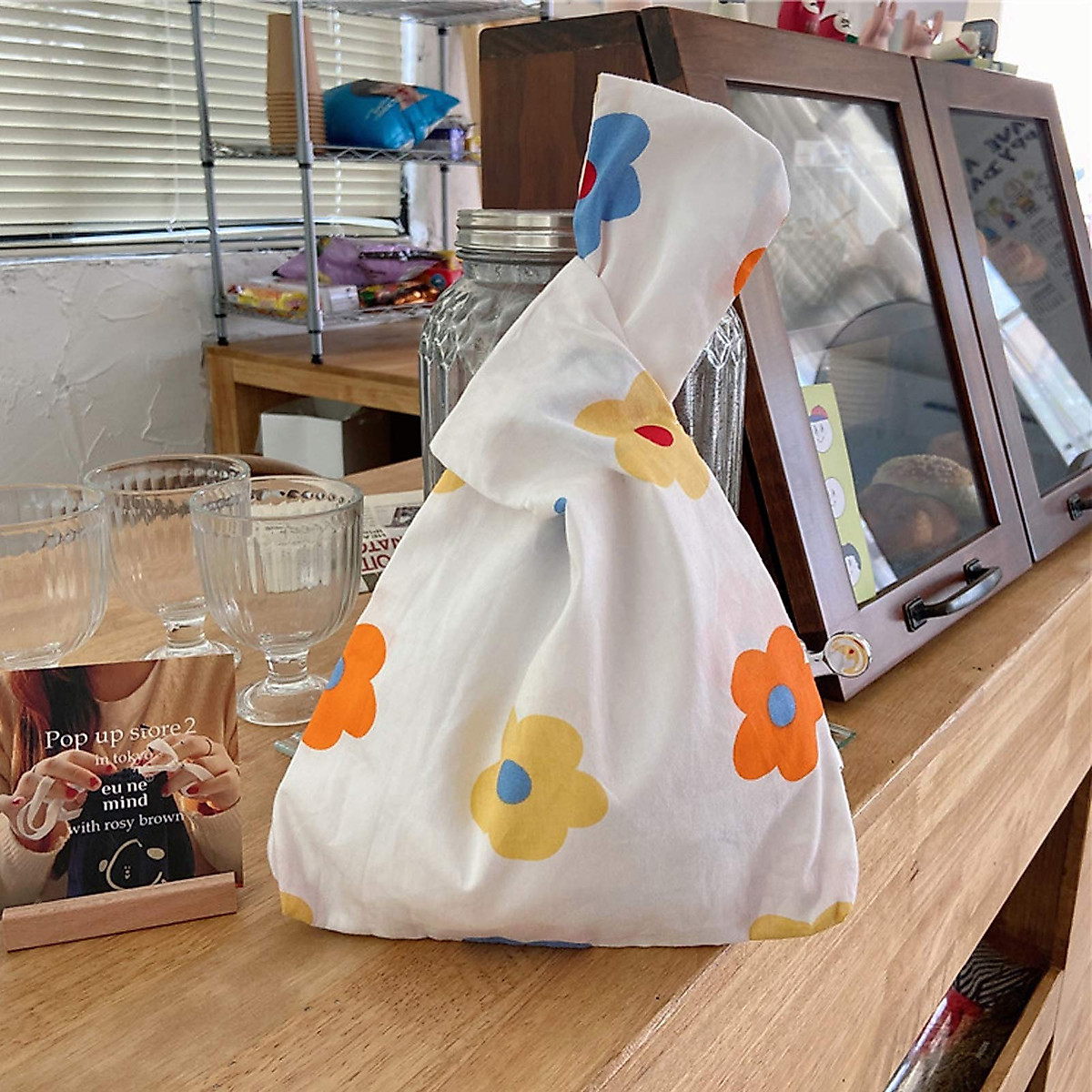 VALICLUD Flower Tote Bag Cotton Knot Bag Wrist Handbag Japanese Wrist Bag Knot Closure