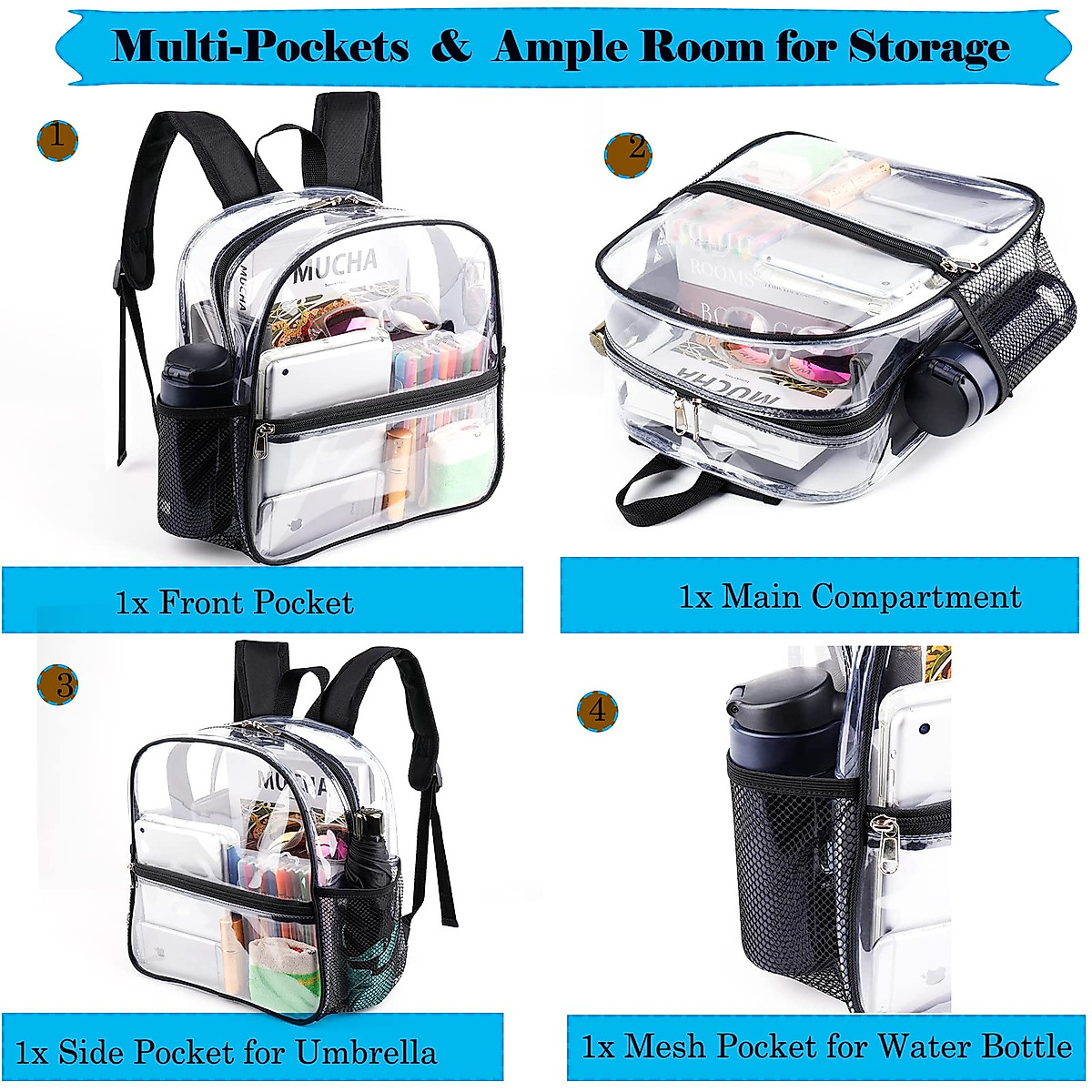 Fomaris Mini Clear Backpack 12x12x6 Stadium Approved Clear Backpacks Small Plastic Transparent Backpack for Sports Event Concert (Black)