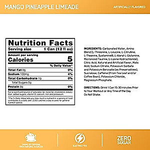 Optimum Nutrition Amino Energy Drink + Electrolytes for Hydration - Sugar Free, Amino Acids, BCAA,Keto Friendly, Sparkling Drink-Mango Pineapple Limeade, 12 Fl Oz (Pack of 12) (Packaging May Vary)