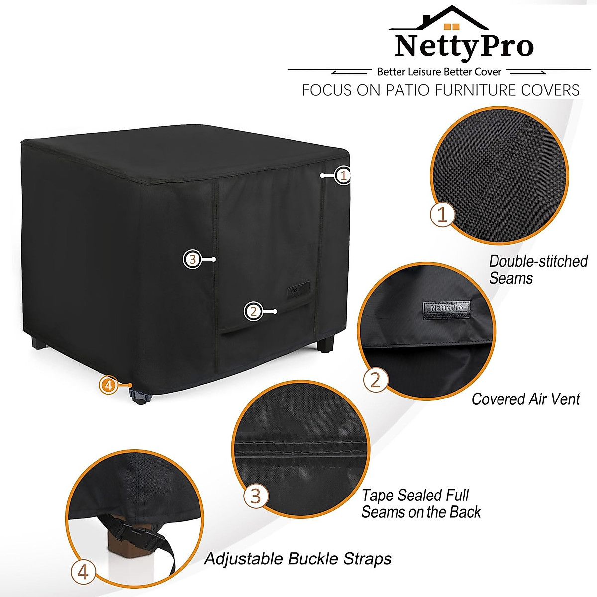 NettyPro Outdoor Patio Ottoman Cover, Waterproof Square Side Table Cover, 28L x 28W x 20H inch, Black