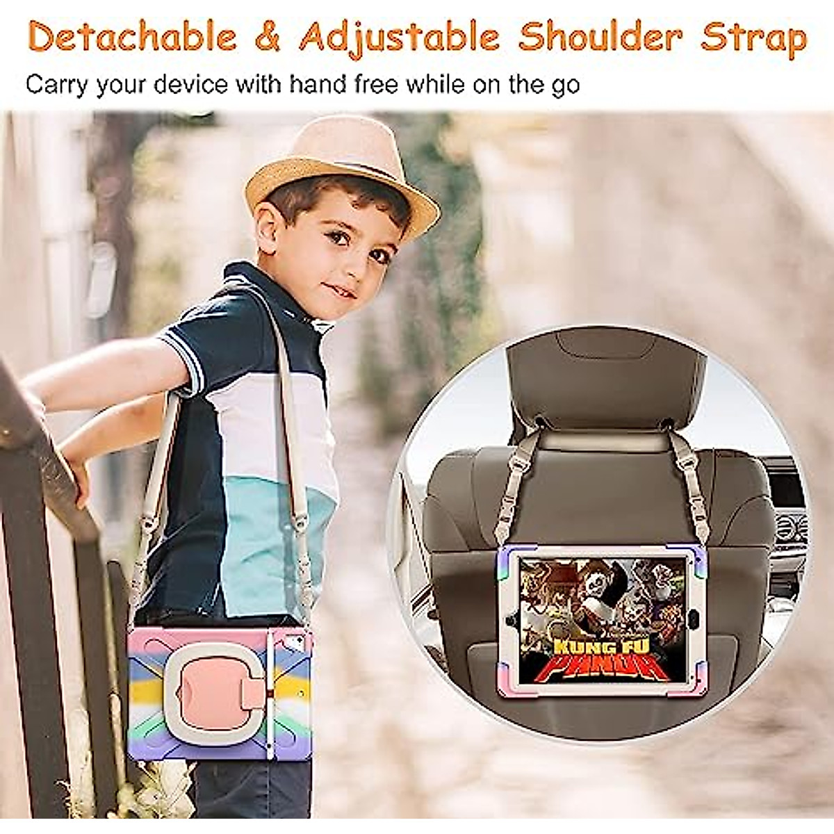 KENOBEE Case for iPad 9.7 6th/5th 2018/2017 / Air 2 / Pro 9.7, 360° Rotating Multi-Functional Handle-Kickstand Shockproof Cover Built-in Screen Protector & Shoulder Strap, Rainbow Pink