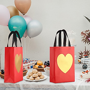 24 Pcs Valentines Day Reusable Gift Bags with Shiny Gold Heart Non Woven Gift Bags Goodie Bags 8 x 12 x 4 Inch Grocery Bags Shopping Bags for Birthday Wedding Valentines Party (Red)