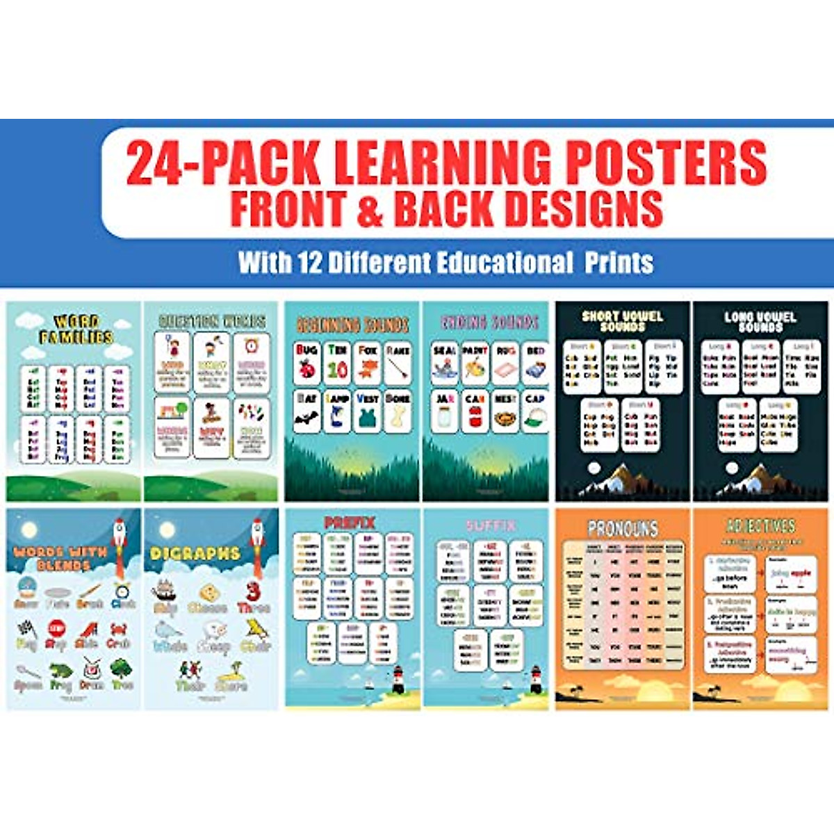 Creanoso Delightful Primary English Educational Learning Posters (24-Pack) - Premium Quality Gift Ideas for Children, Teens, & Adults for All Occasions - Stocking Stuffers Party Favor & Giveaways