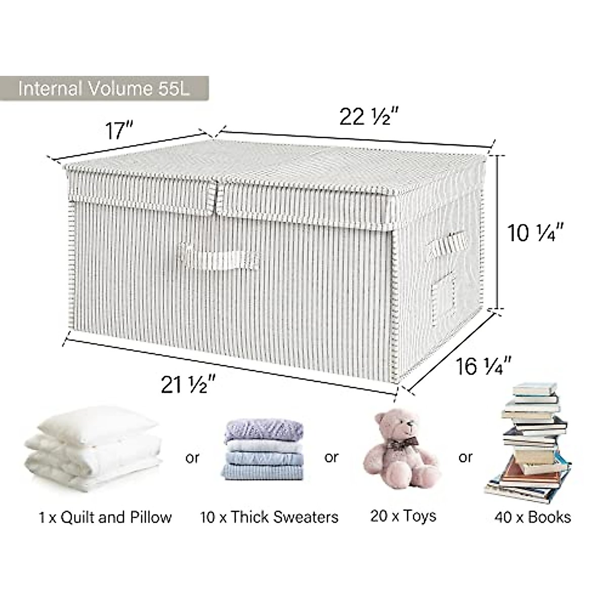 StorageWorks 55L Closet Storage Organizer With Handles, Canvas Basket With Lid, Double-Open Lid, Gray and White Stripes, Extra Large