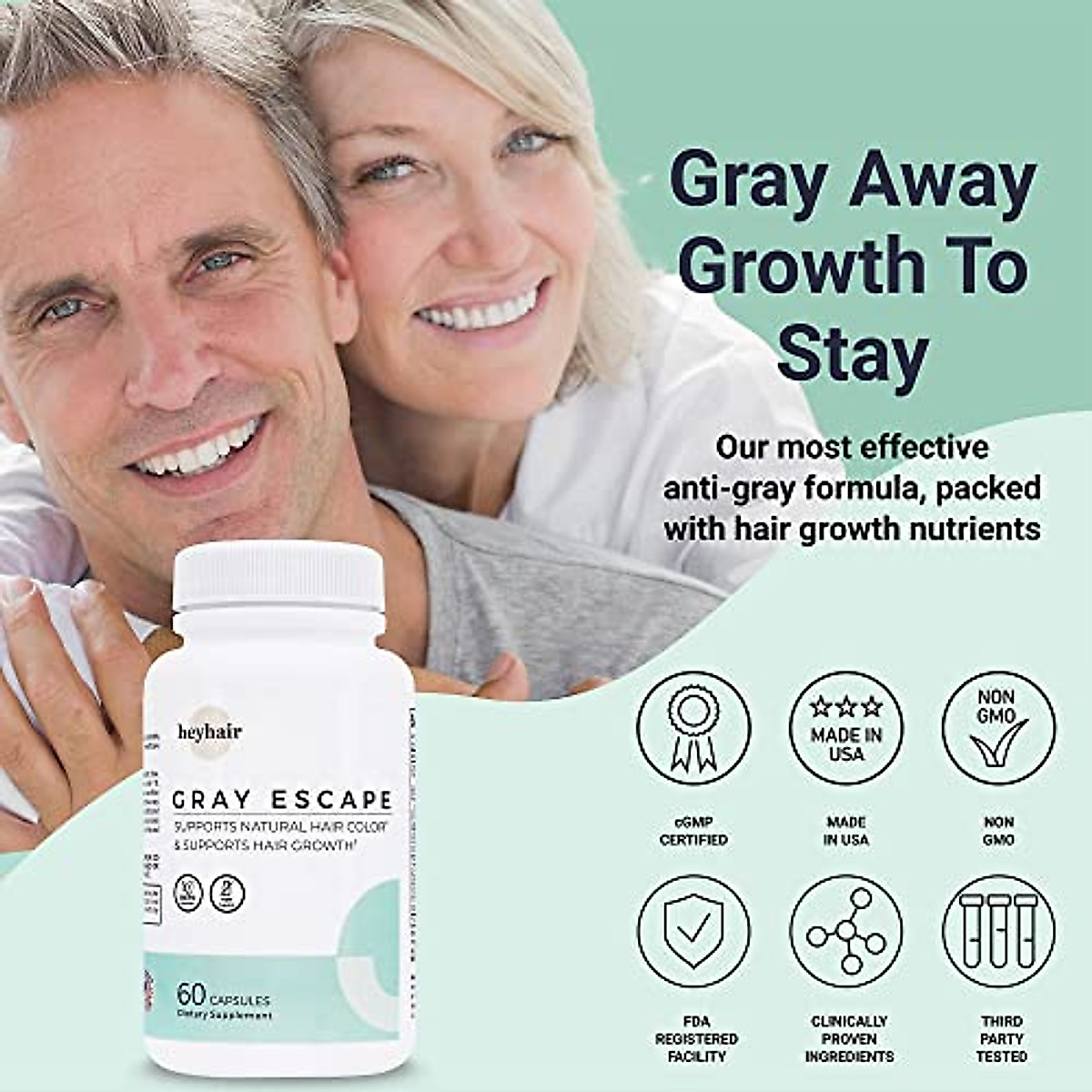 heyhair Gray Escape Advanced Anti Gray Hair Growth Supplement - Catalase, Saw Palmetto, Biotin, FoTi, PABA (2 Capsules per Day / 1 Month Supply)