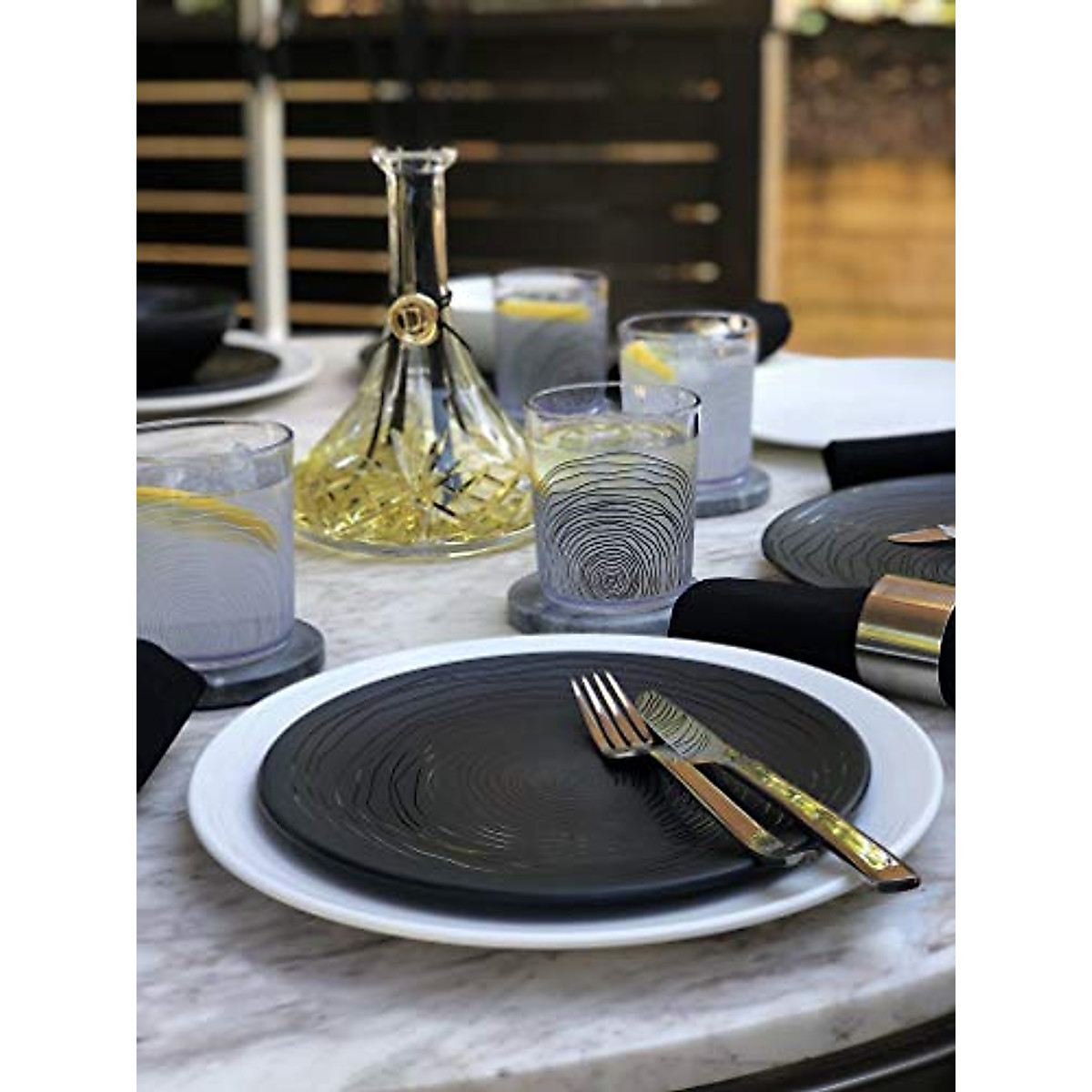 Bzyoo 12 Piece Melamine Dinnerware Set - Durable, Dishwasher Safe Organica Black Plates and Bowls Sets Casual Dish Set for Dining, Outdoor and Kitchen