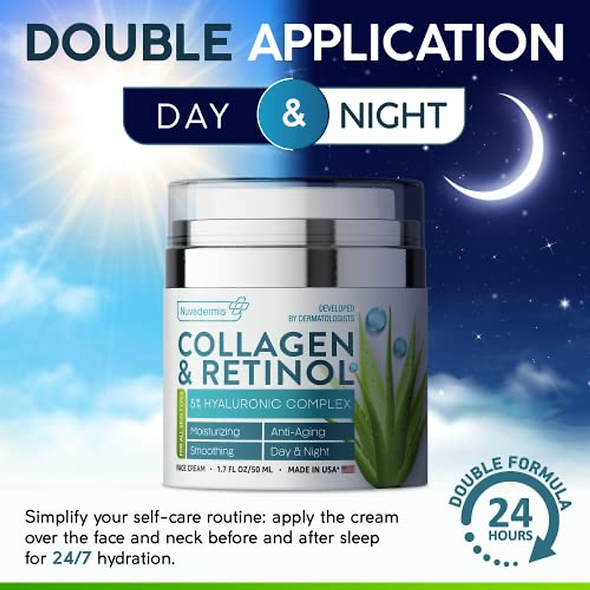 NUVADERMIS Collagen & Retinol Face Moisturizer - Night & Day Cream - Made in USA - Anti Aging & Anti Wrinkle Lotion - Sensitive Skin Safe - Daily Hydrating Skin Care for Women & Men - Pump, 1.7 oz