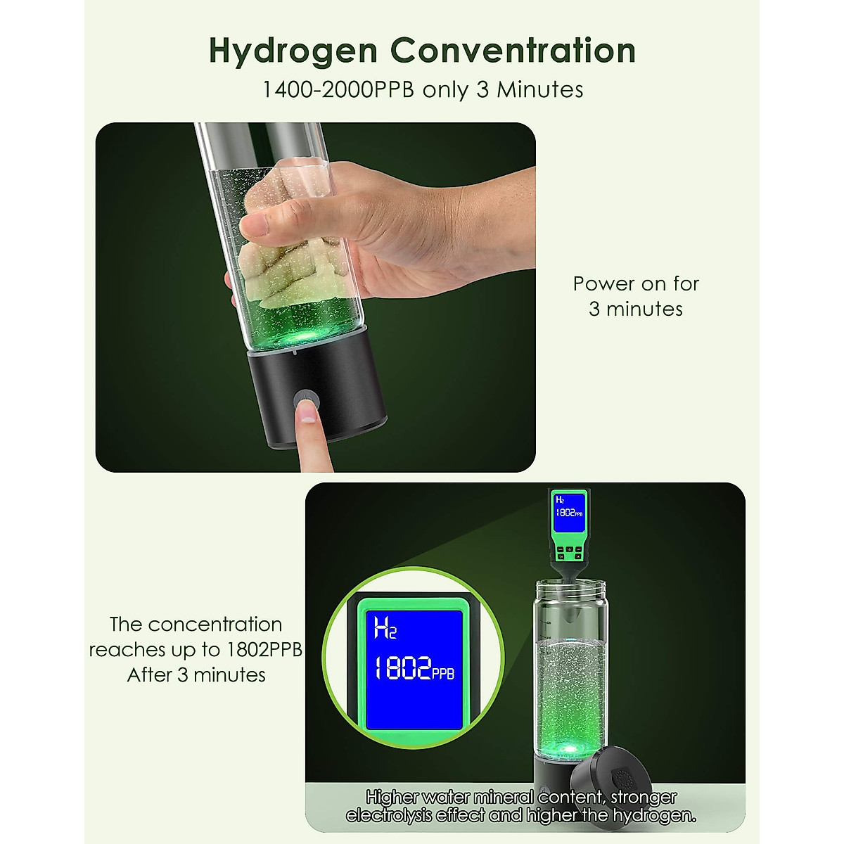 MOVOCA Upgrade Hydrogen Water Bottle, 3Min 2200PPB Hydrogen Water Bottle Generator -SPE PEM Tech, 14OZ Portable Hydro Water Bottle Machine, Birthday Xmas Gift for Husband, Wife, Family, Friends,Travel