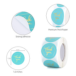 Thank You Stickers Roll - 1.5 inch Blue Thank You Stickers with Teal Base Color, Gold Foil Design, 500 Thank You Stickers for Business, Gift Bags, Envelopes Seals, Mailer Stickers