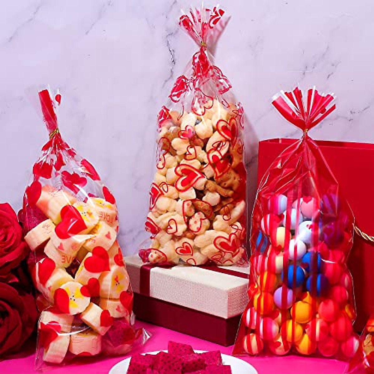 200 Pieces Valentine Cellophane Treat Bags Valentine's Day Plastic Heart Bags Candy Goodies Gift Bags and 200 Pieces Gold Twist Ties for Valentine Party Supplies