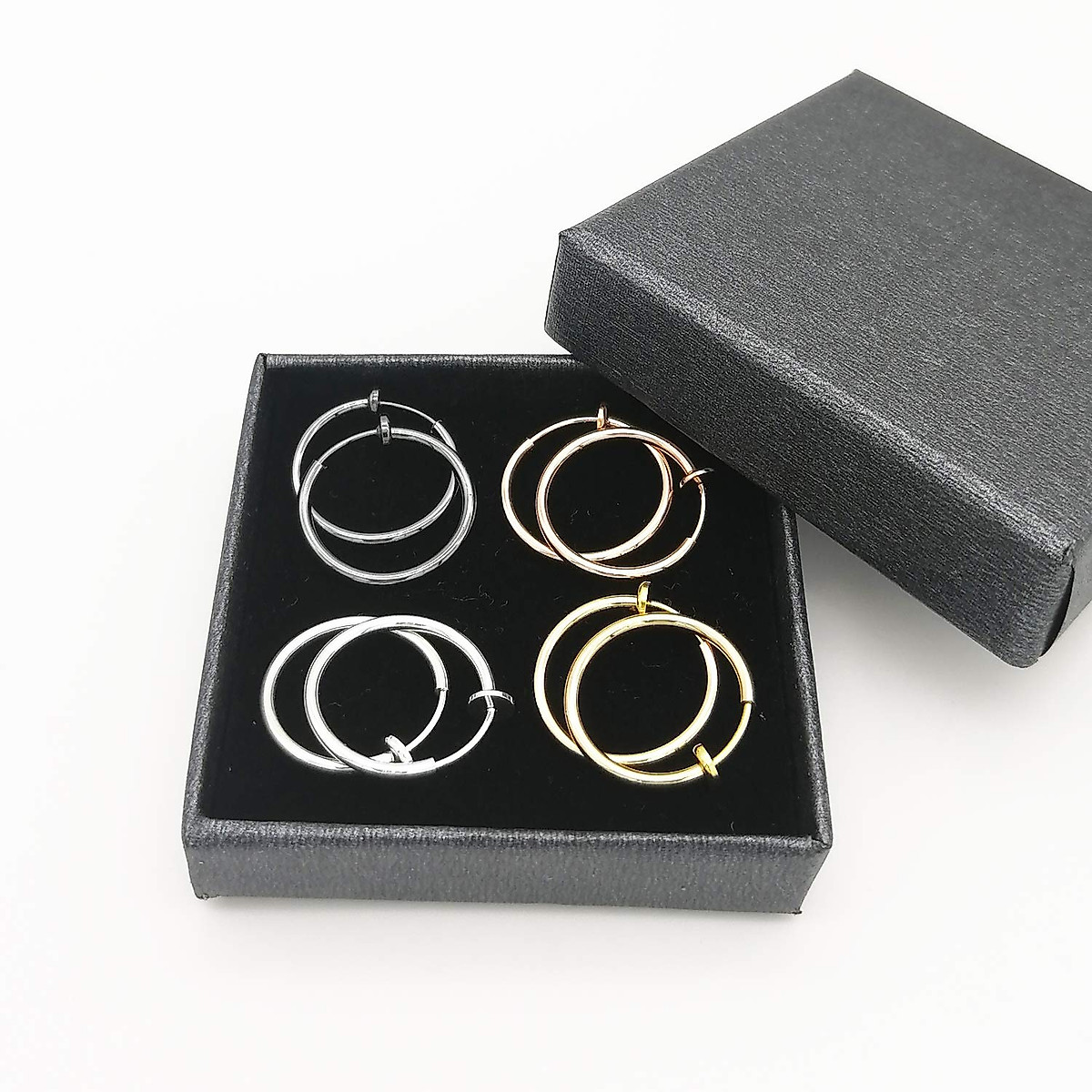 LAXPICOL Clip On Earrings Gold Silver Black Rose Gold 4PCS 0.70IN(18mm) Stainless Hoop Earrings Clip On Earrings for Women No Piercing