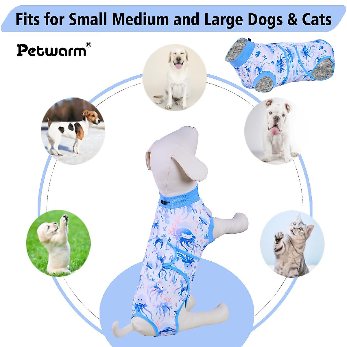 PetWarm Post Spay Dog Suit Female,Dog Surgery Suit,Cone of Shame Alternatives Bodysuit for Abdominal Wounds Skin Disease, Dog Bodysuit for Small Medium Large Dogs,Marine Animal Patterns,Blue,XS