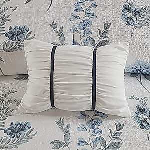 Madison Park Zennia Farmhouse Comforter Set with Throw-Blanket, Floral Print on Seersucker Textures, All Season Bedding, Matching Shams, Toss Pillows, King/Cal King(104"x92"), Blue 7 Piece
