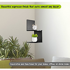 Corner Shelf, Greenco Modern Design 2 Tier Floating Shelves for Walls, Easy-to-Assemble Wall Mount Corner Shelves for Bedrooms and Living Rooms, Espresso Finish