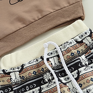 2Pcs Toddler Baby Boy Western Clothes Cow Print Long Sleeve Pullover Sweatshirt Tops+Jogger Pants Fall Winter Outfits (Coffee, 0-6 Months)