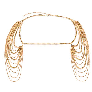 Summer Beach Punk Shoulder Body Chain Multi-Layered Back Chain Bikini Metal Tassel Arm Chain Statement Bridal Wedding Backdrop Necklace Body Chain Jewelry for Women