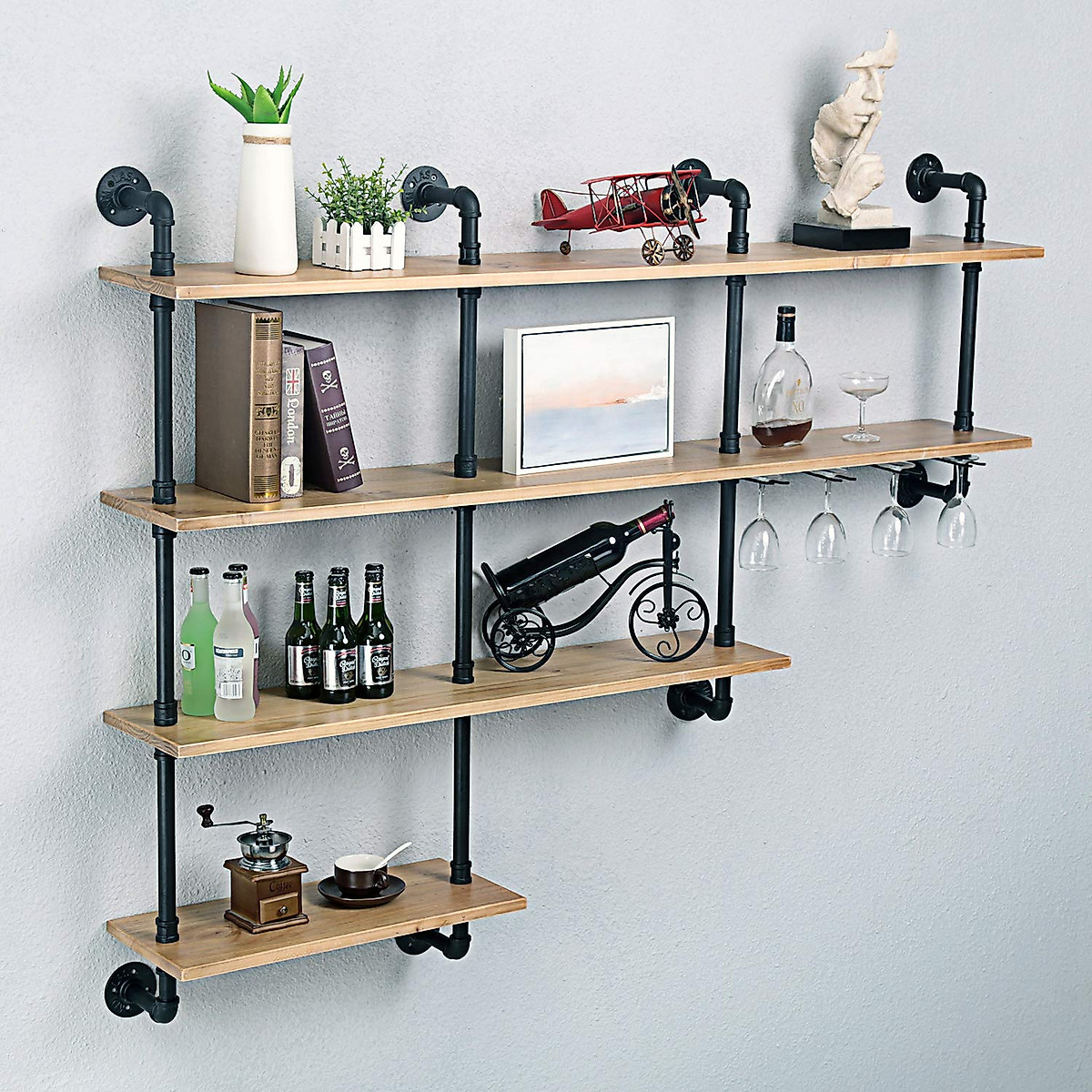 4-Tiers 63inch Industrial Pipe Shelving,Rustic Wooden&Metal Floating Shelves,Home Decor Shelves Wall Mount with Wine Rack,Black