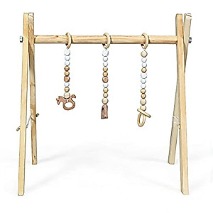 BABY JOY Portable Wooden Baby Gym, Foldable Baby Play Gym Frame with 3 Wooden Baby Teething Toys, Baby Exercise Activity Gym Hanging Bar Newborn Baby Gift (Natural)