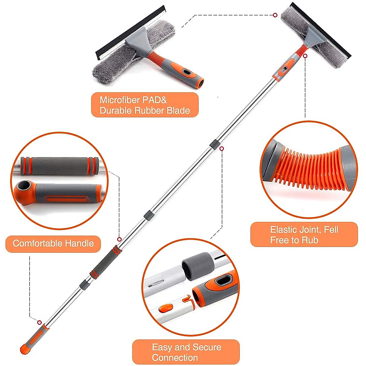 Baban Window Squeegee Cleaner, 2 in 1 Window Cleaning Tool with Elbow and Straight Extension Pole, 61'' Telescopic Window Washing Equipment with Bendable Head for Car Glass Indoor Outdoor High Windows