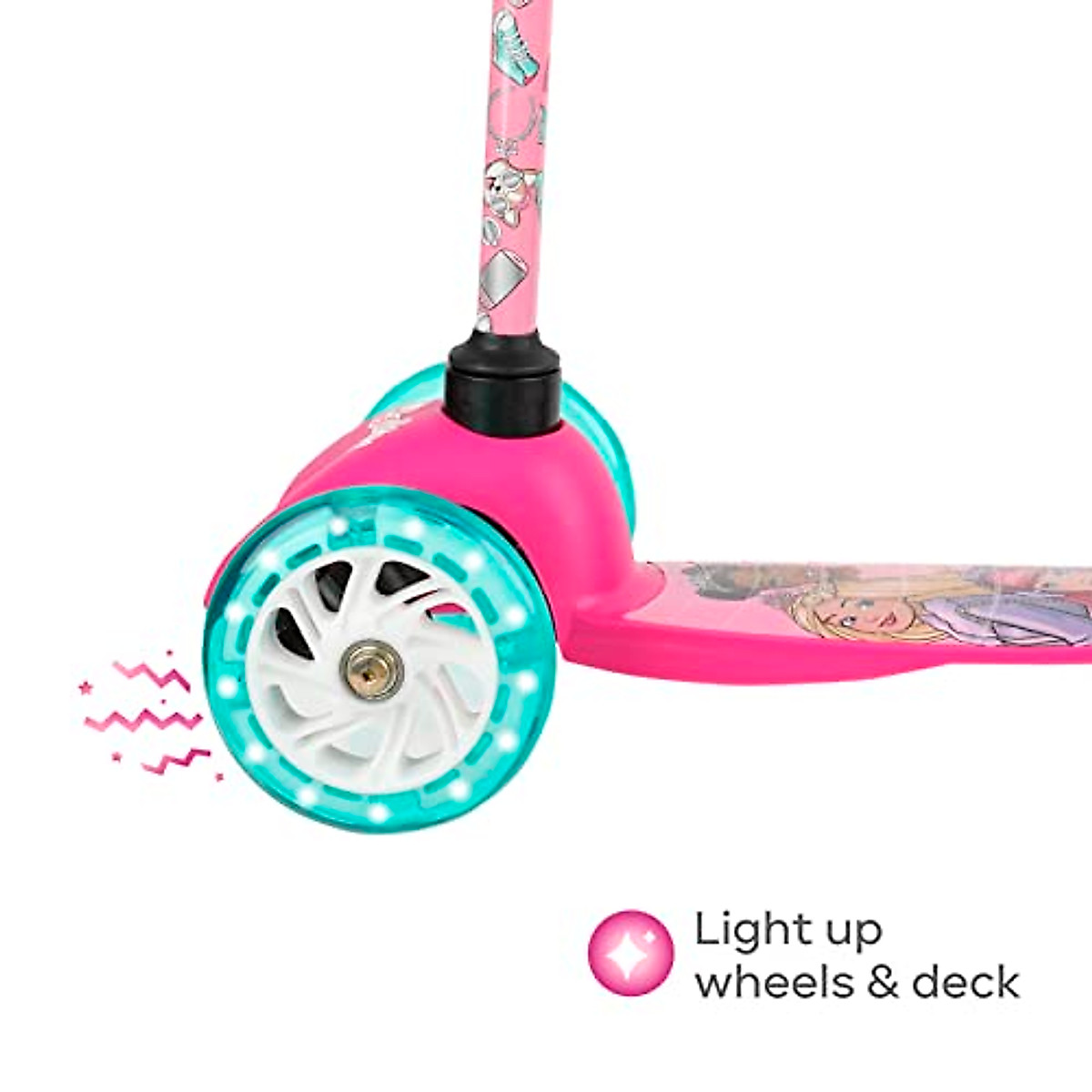 Barbie Self Balancing Kick Scooter with Light Up Wheels, Extra Wide Deck, 3 Wheel Platform, Foot Activated Brake, 75 lbs Limit, Kids & Toddlers Girls or Boys, for Ages 3 and Up