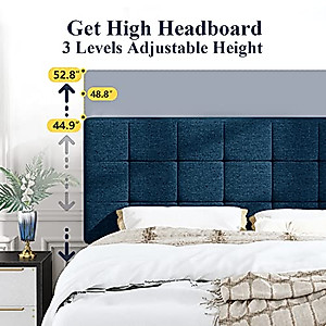Allewie Queen Size Panel Bed Frame with Adjustable Headboard for High Profile/Fabric Upholstered/Square Stitched Padded Headboard/Box Spring or Bunkie Board Required/Navy Blue