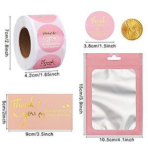 Lefiocky 1120 Pcs Thank You Stickers and Cards Sets 1.5 Inch Thank You for Supporting My Small Business with Gold Lettering, Tiny Thank You Cards and Resealable Packaging Bag for Business - Pink
