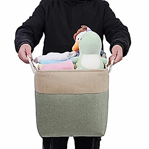 Extra Large Cube Storage Baskets (13 × 13 × 13 inches), Canvas Fabric Storage Boxes with Cotton Handles for Cupboards, Shelves, Clothes, Toys, Towel (Large, Green)