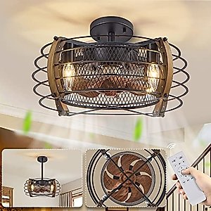 SADENICEL Farmhouse Caged Fan with Lights Remote Control, 17 Inch Low Profile Bedroom Fans, Rustic Ceiling Fans for Kitchen, Dining Room (Antique Wood-E)