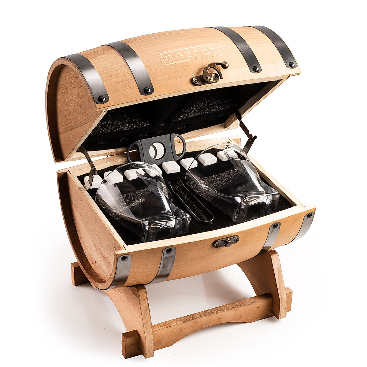 Whiskey Glasses Gifts for Men - Bourbon Whiskey Stones Unique Gift Set for Men in Whiskey Barrel Gift Box - Groomsmen Gifts for Men - Scotch Whiskey Glass Set Retirement Gift - Alcohol Gifts - Bezrat