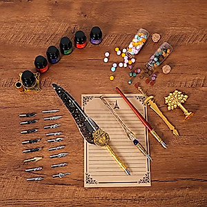 Quill Pen and Ink Set,Feather Dip pen with 6 bottles of ink,Antique Calligraphy Pen,Feather Writing Pen,Wooden Dip Pen,Glass Dip Pen,Wax Seal Stamp Kits Birthday&Christmas Gift for Men&Women(Gray)