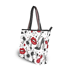 Tote Bag Aesthetic (Lips Heels), Large Capacity Zipper Women Grocery Bags Purse for Daily Life 2 Sizes