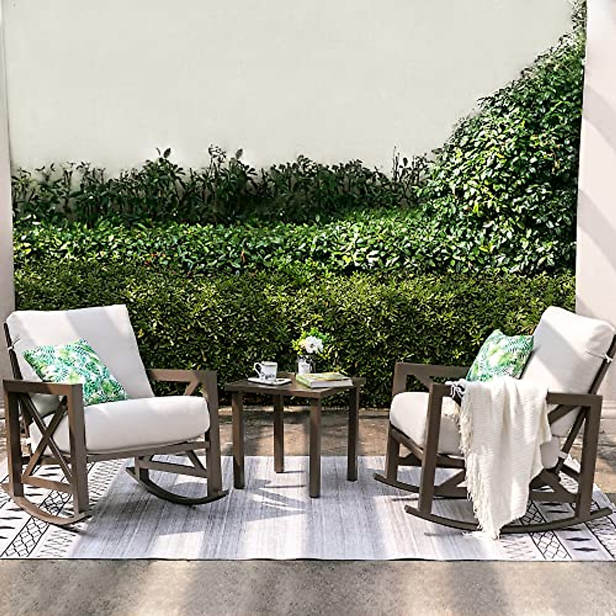 NATURAL EXPRESSIONS Rocking Bistro Set, 3 Piece Outdoor Patio Conversation Furniture Set with 2 Rockers and 1 Metal Coffee Table with Thick Cushions for Backyard,Porch,Poolside,300lbs Weight Capacity