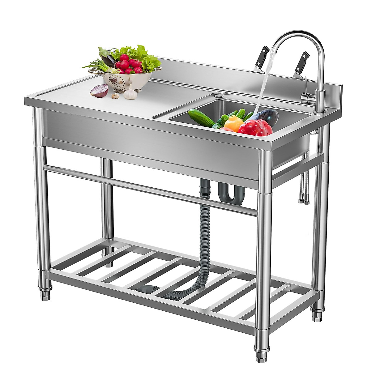 39.3'' Stainless Steel Utility Sink with Cold and Hot Water Pipes, Free Standing Sink with Workbench & Storage, Portable Laundry Sink for Indoor & Outdoor