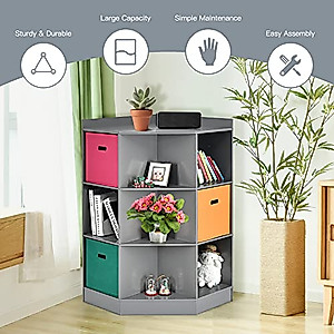 Costzon 9-Cubby Kids Bookcase with Extra Large Storage Baskets, Multi-Bin Children's Organizer Shelf with 6 Cubes and 3 Shelves, Wooden Storage Sideboard Suitable for Playroom, Decor Room (Gray)