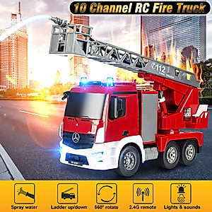 Benz Licensed Remote Control Fire Truck, RC Fire Truck Toy, Rechargeable Construction Truck Toys with Alarm Lights, Hose, Working Water Pump and Rotating Rescue Ladder Fire Truck Toys Gift for Kids
