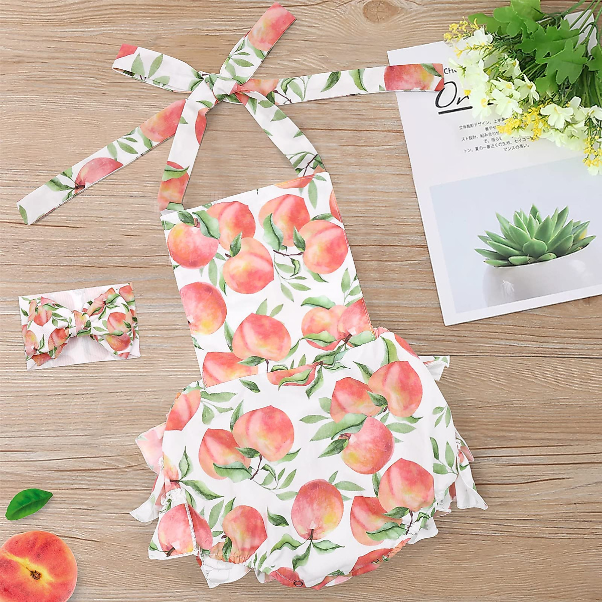 Eunikroko Peach First Birthday Outfit with Headband Baby Girls Sleeveless Ruffle Romper Backless Jumpsuit Summer Outfits Clothes 12-18 Months