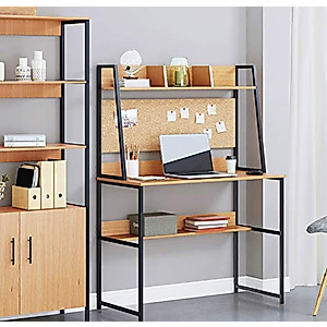 Spirich-Home Office Desk with Storage Shelf,Study Desk with Hutch for Small Spaces,Office Desk with Cork Bulletin Board,Wood,Walnut