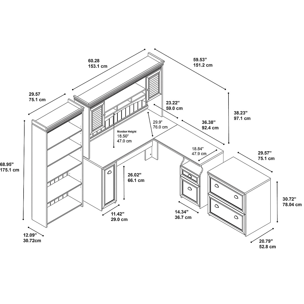 Bush Furniture L Shaped Desk with Hutch, 5 Shelf Bookcase and Lateral File Cabinet | Fairview Collection Corner Computer Table with Bookshelf and Storage | 60Wx60Dx69H
