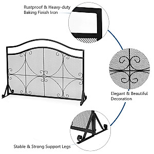 Tangkula 44.5” X 33” Inch Fireplace Screen, Decorative Iron Single Panel Fire Spark Guard Gate w/Metal Mesh, Rustproof Solid Free Standing Fire Screen for Baby or Pet Safe, Outdoor or Indoor Use
