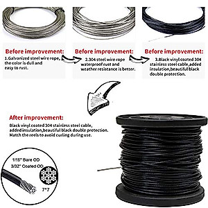 YQL Outdoor String Lights Hanging Kit,Globe String Lights Suspension Kit,164ft Black Vinyl-Coated 304 Stainless Steel Cable,String Light Guide Wire,Hook & Eye Turnbuckle Wire Rope Tension