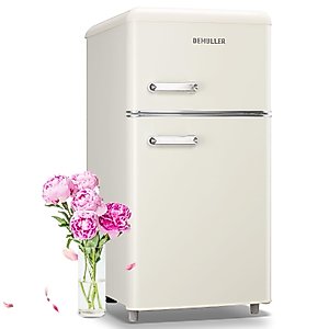 DEMULLER 3.5 Cu.ft Retro Mini Fridge with Freezer Dual Doors & Handles Compact Refrigerator with 7 Thermostat Control Freestanding Small Fridge with LED Light Cream